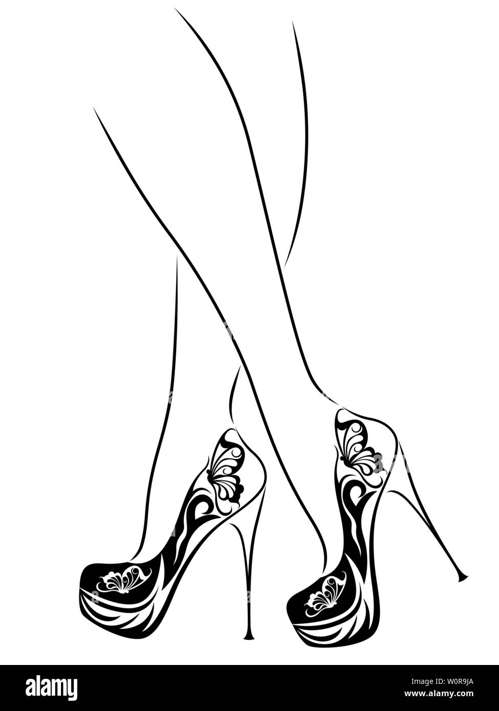 Outline of graceful female feet in abstract shoes with butterfly, black ...