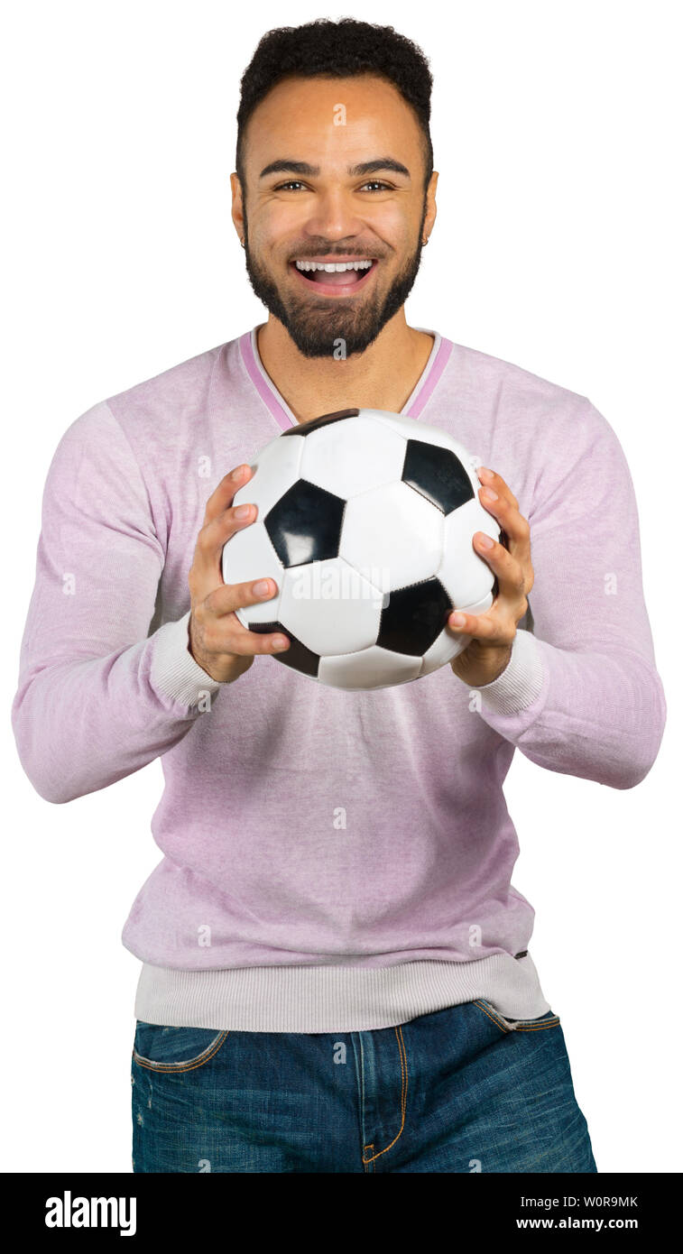 Happy smiling african man showing football Stock Photo - Alamy