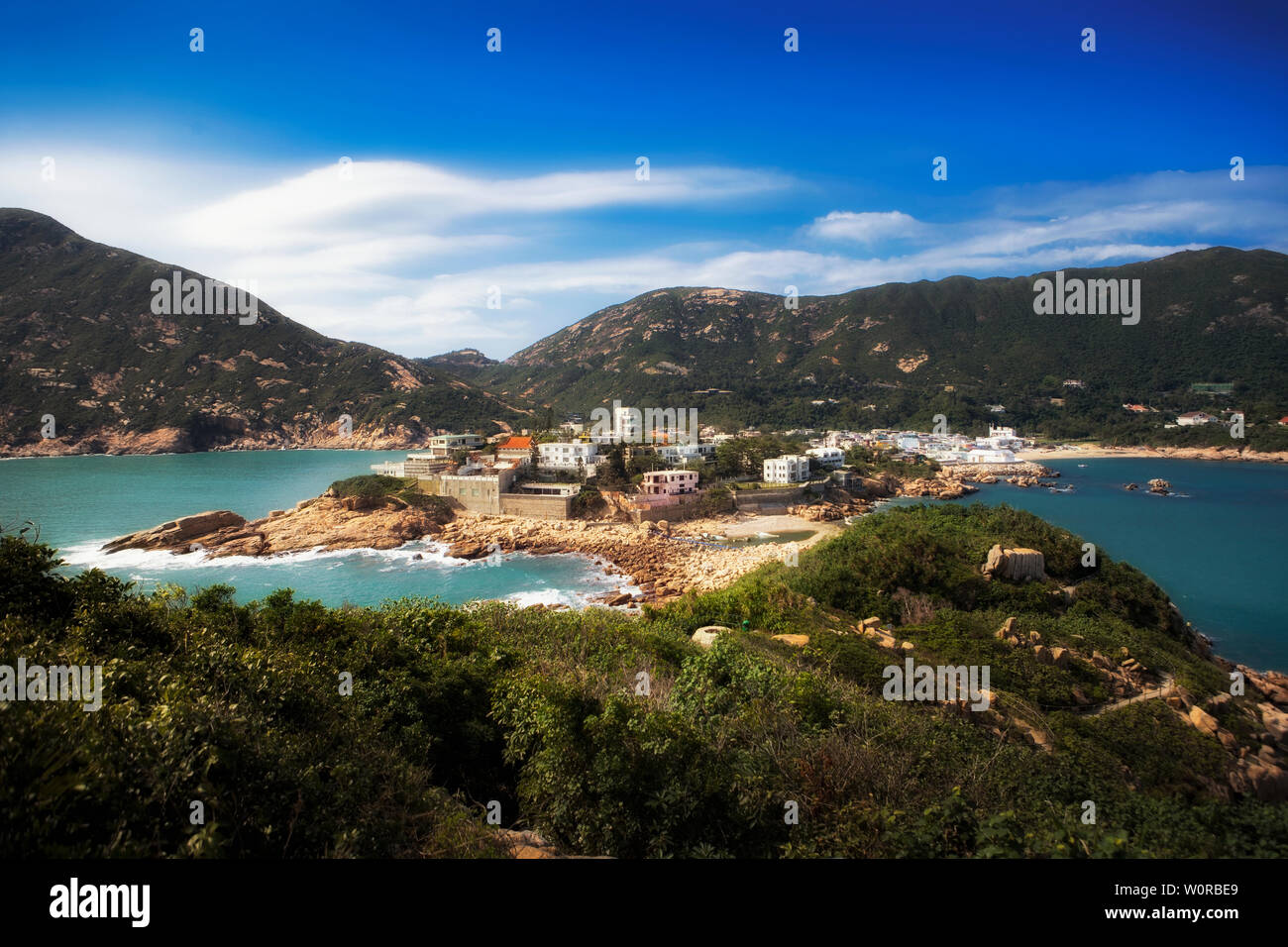 Shek O, Hong Kong, a Mediterranean-style town with a blue sea and white ...