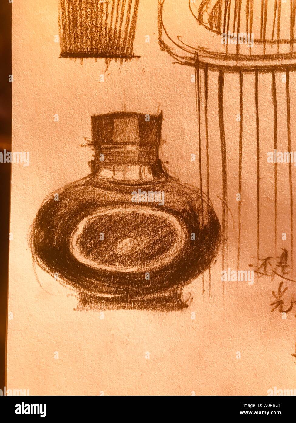 Sketch form, touch kettle and ink bottle Stock Photo - Alamy