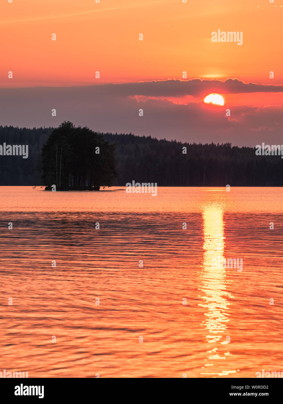 Scenic landscape with beautiful sunset and lake at summer evening in ...