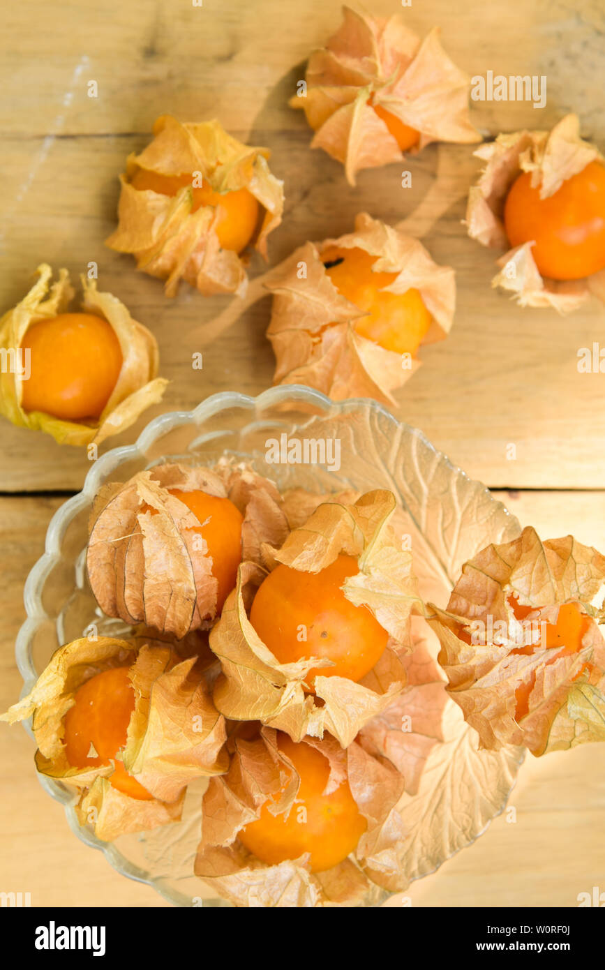 Top view and close up orange organic cape gooseberry fruit Stock Photo ...