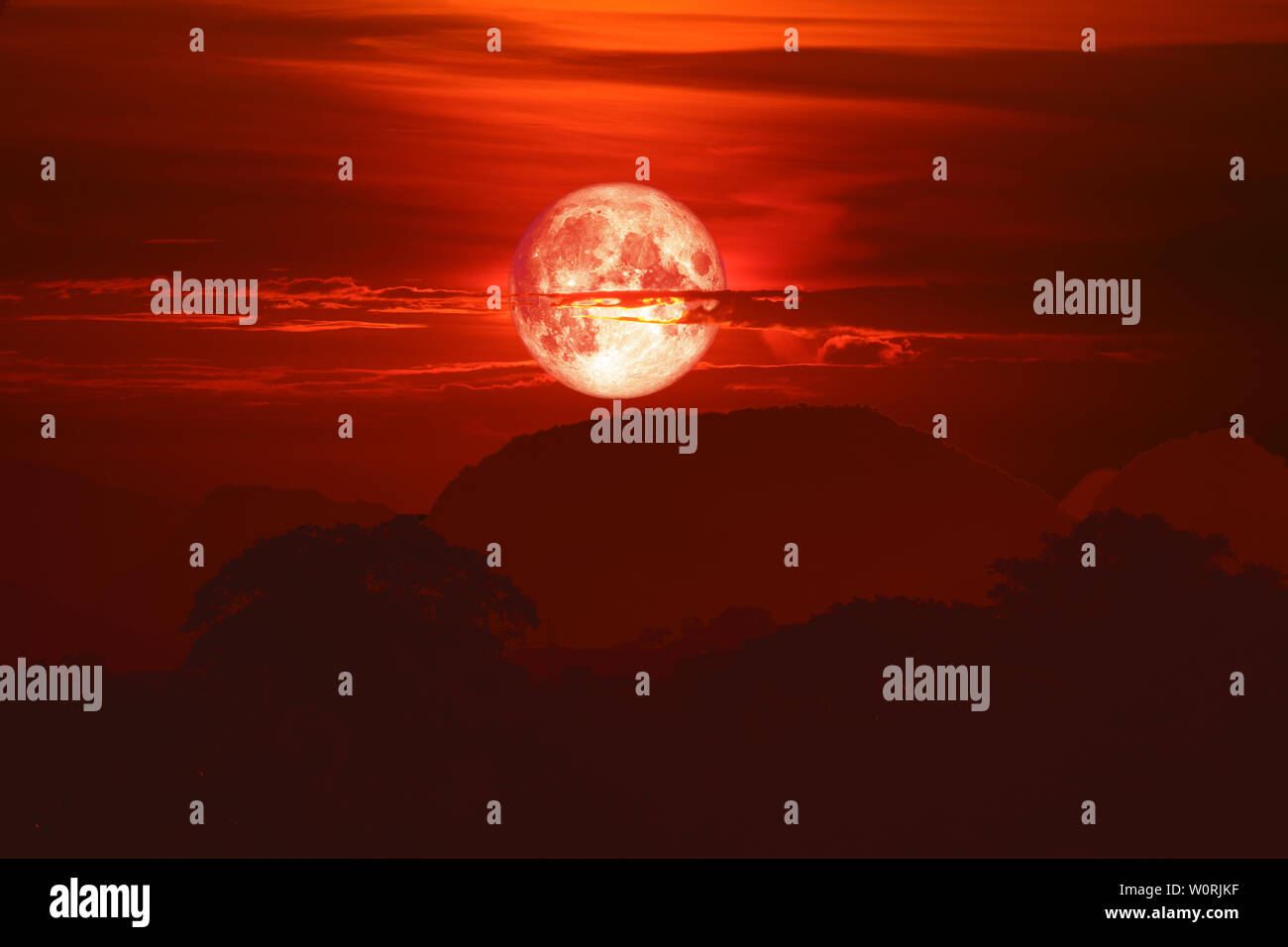 blood moon on night red sky back over silhouette mountain, Elements of ...