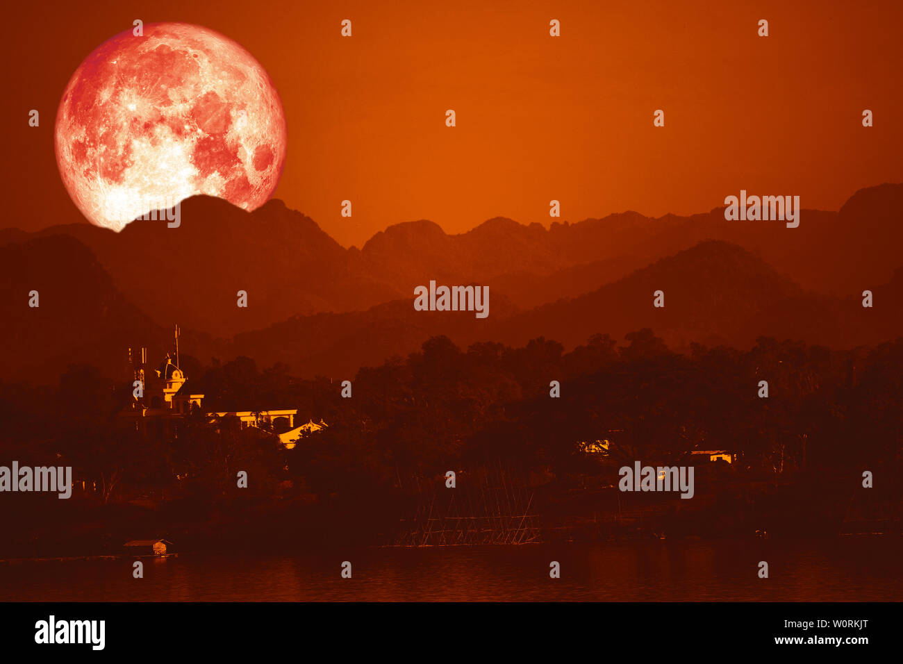 blood moon on night red sky back over silhouette mountain, Elements of ...