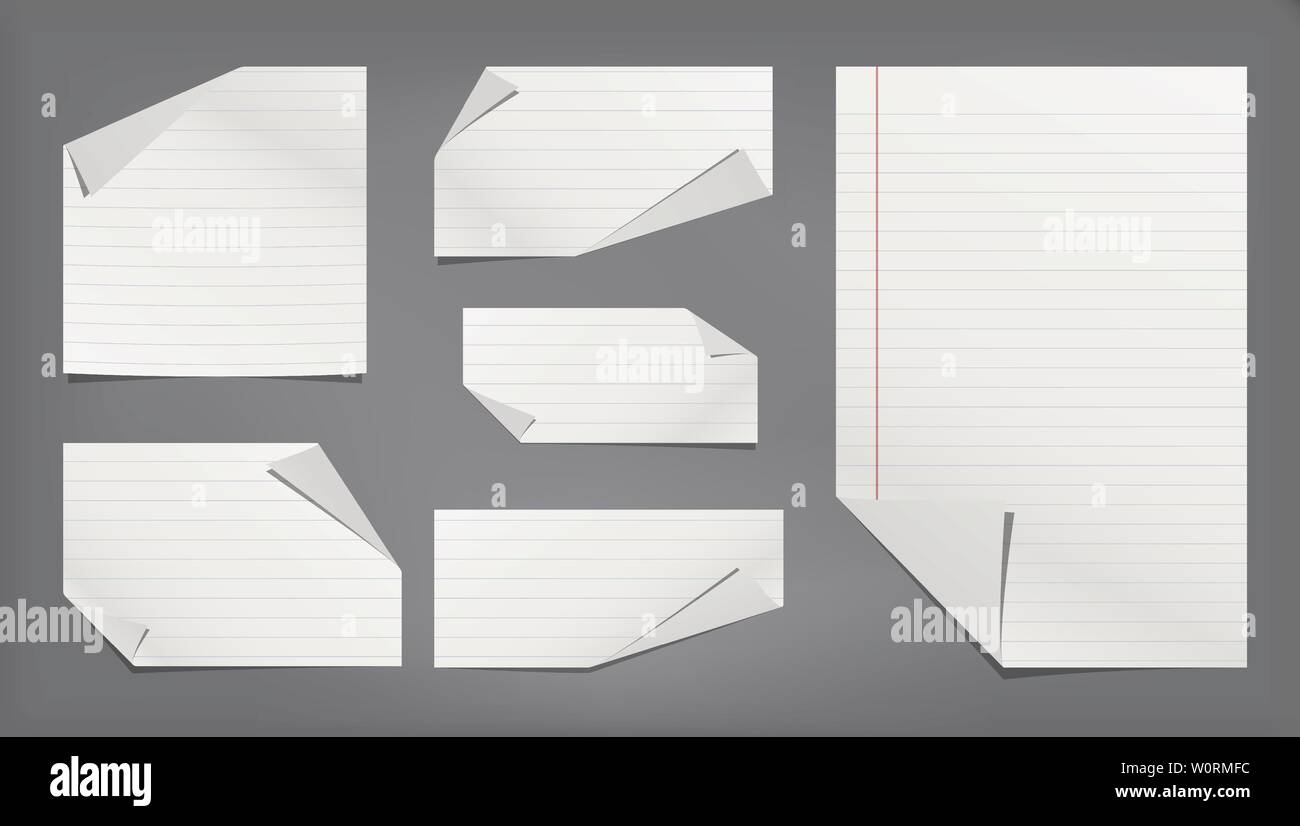 White lined note, notebook, copybook paper sheets with curled corners ...