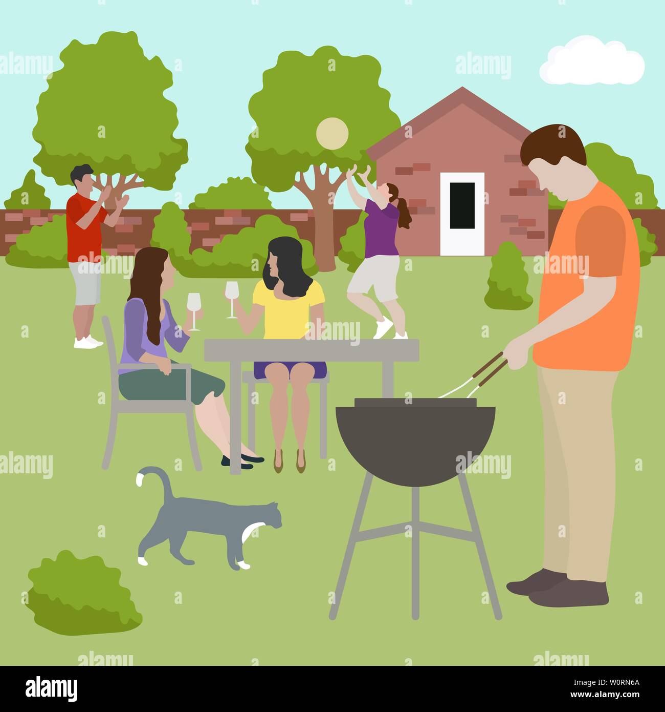 Vector illustration with people having bbq party in the backyard. BBQ ...