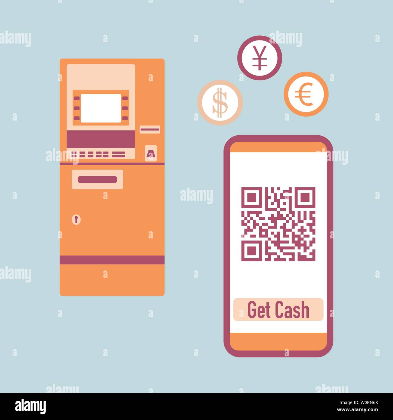 Vector illustration with phone with qr code, ATM cash withdrawal ...