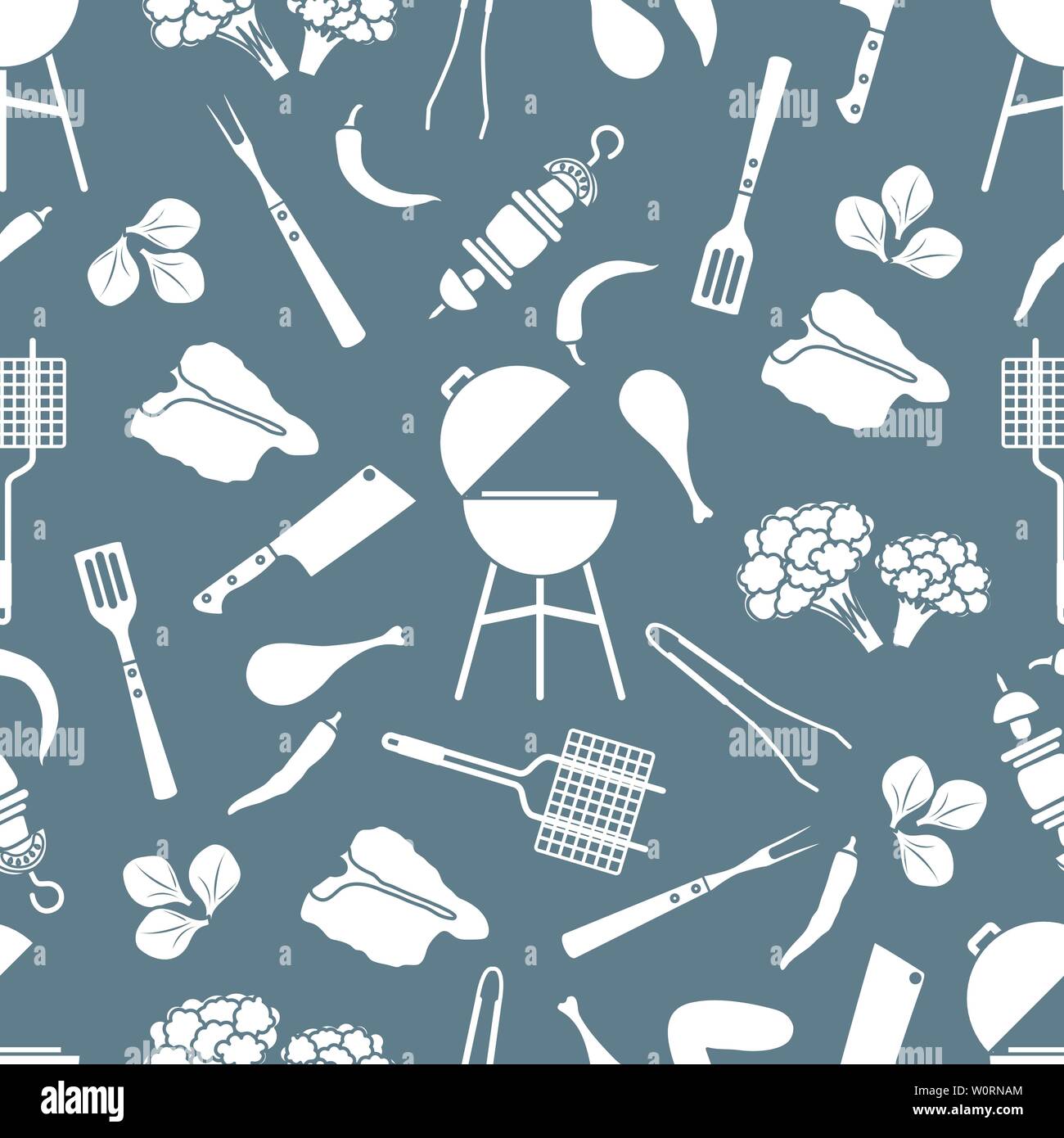 Seamless pattern with grill and barbecue tools, food. BBQ party ...