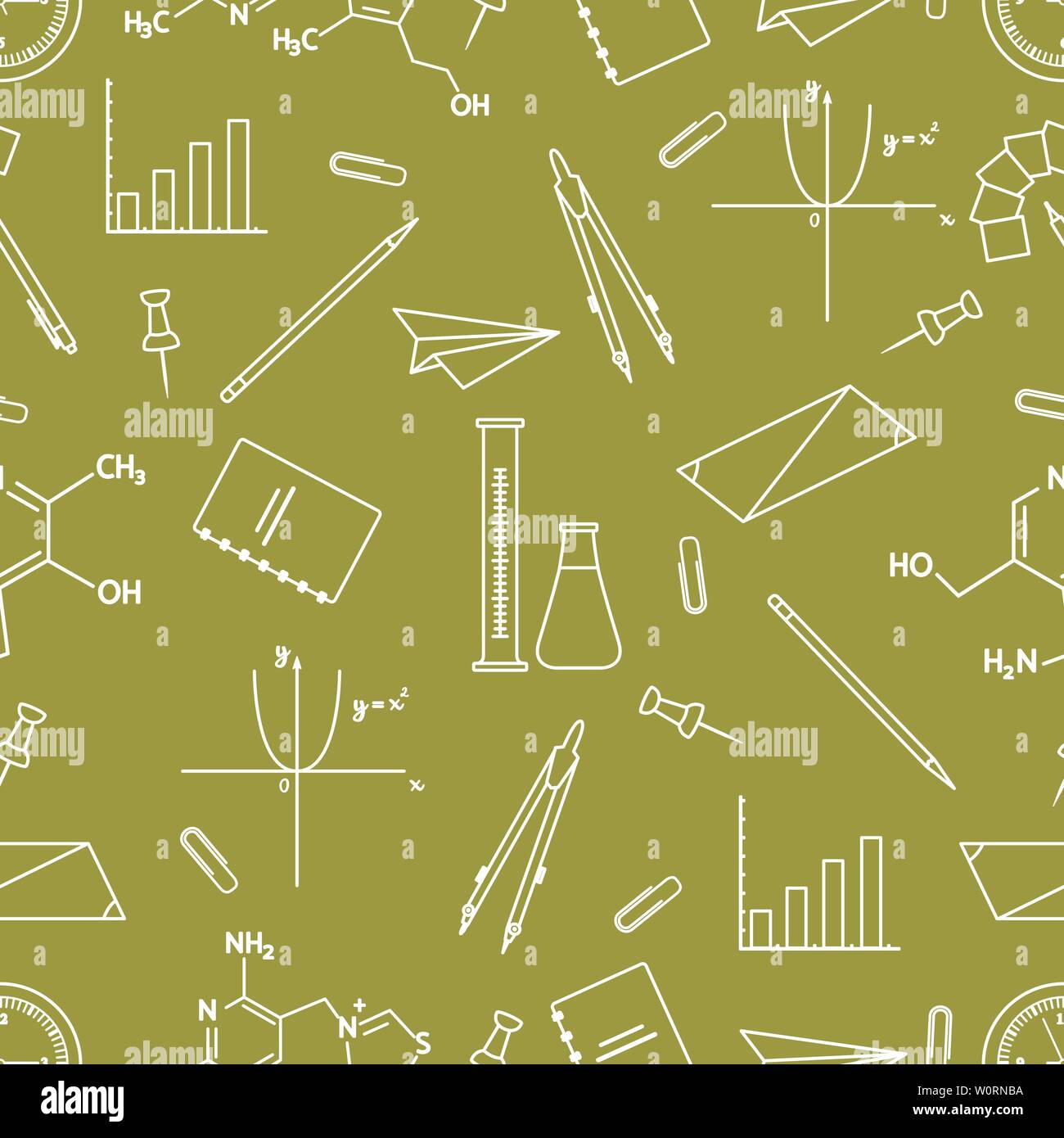 Vector seamless pattern with scientific, education elements: flasks, molecule structure ...
