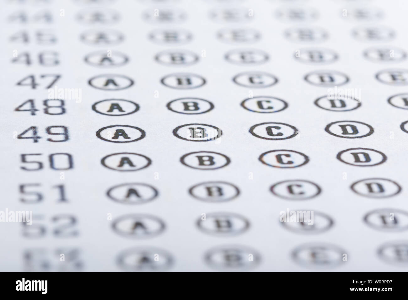 Test score sheet with answers Stock Photo - Alamy