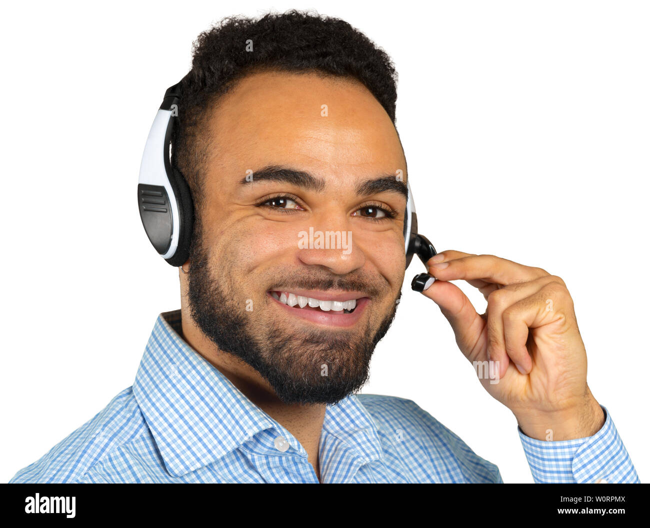 African American man in headsets isolated white background Stock Photo ...