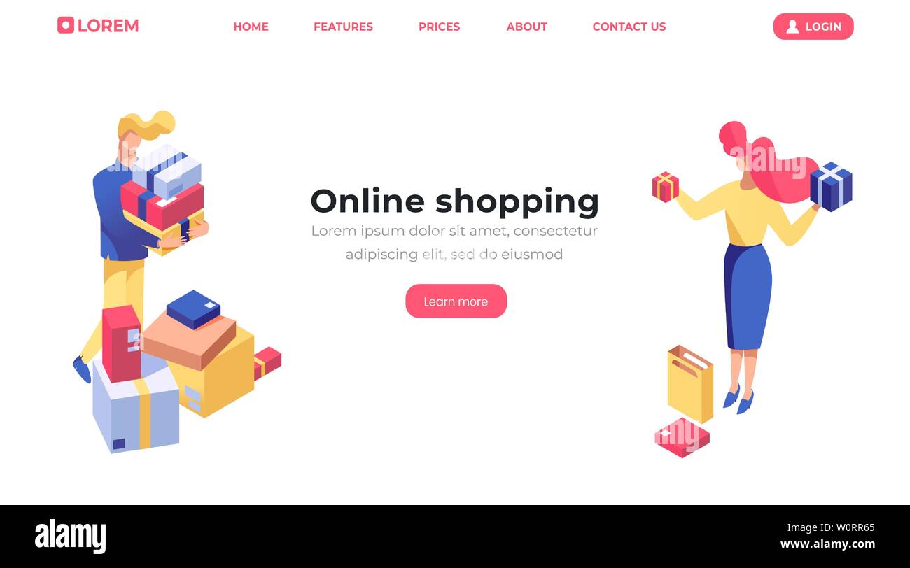 Online shopping isometric landing page template. Customer buying ...