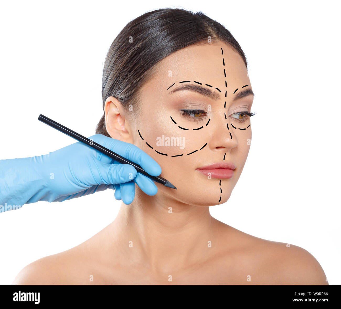 woman with dotted lines on face, cosmetology Stock Photo - Alamy