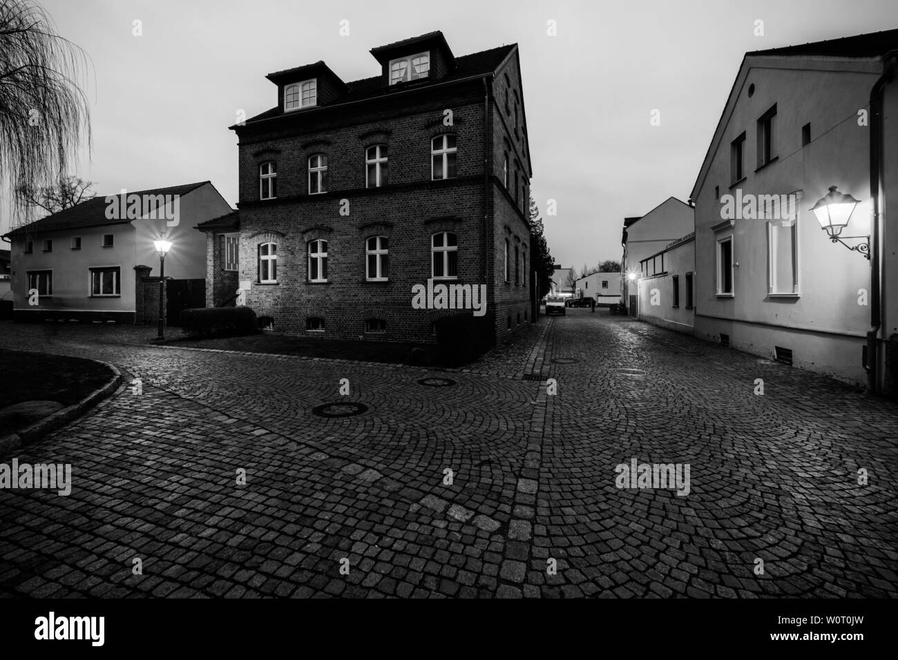 SENFTENBERG, GERMANY - FEBRUARY 08, 2018: Night streets of the old town ...