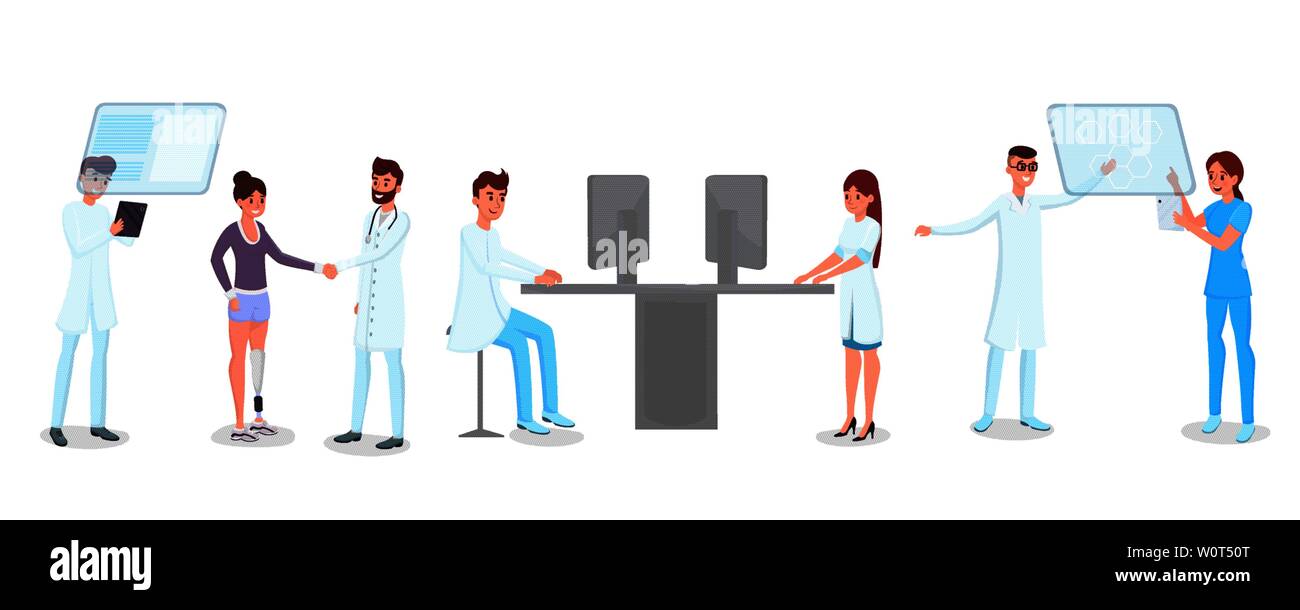 Technology in medicine vector illustrations set. Young doctors, nurses ...