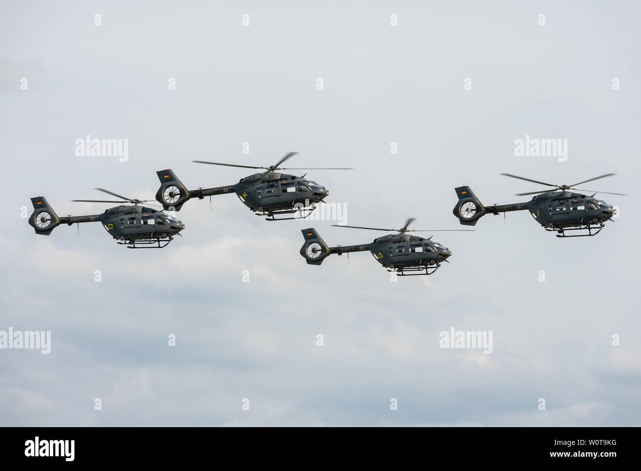BERLIN, GERMANY - APRIL 27, 2018: Military utility helicopters Airbus Helicopters H145M of the ...