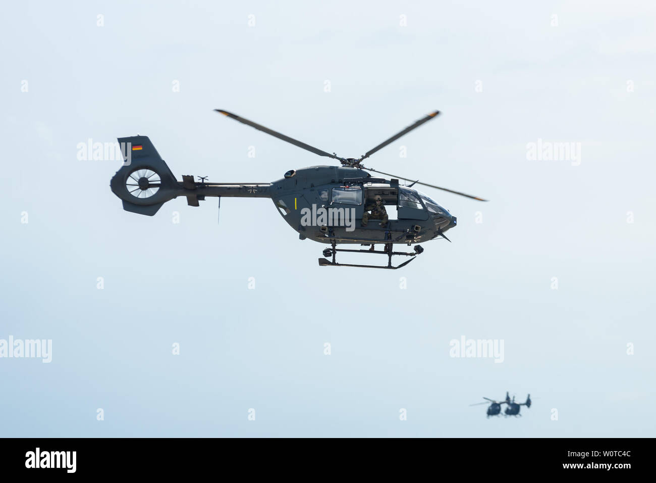 BERLIN, GERMANY - APRIL 26, 2018: Demonstration flight of of the utility helicopter Airbus ...