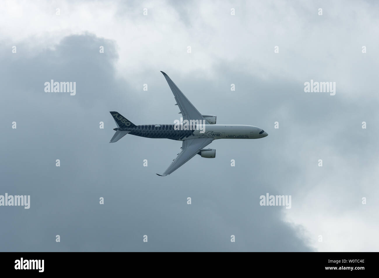 BERLIN, GERMANY - APRIL 26, 2018: Demonstration flight of the wide-body jet airliner Airbus A350 ...