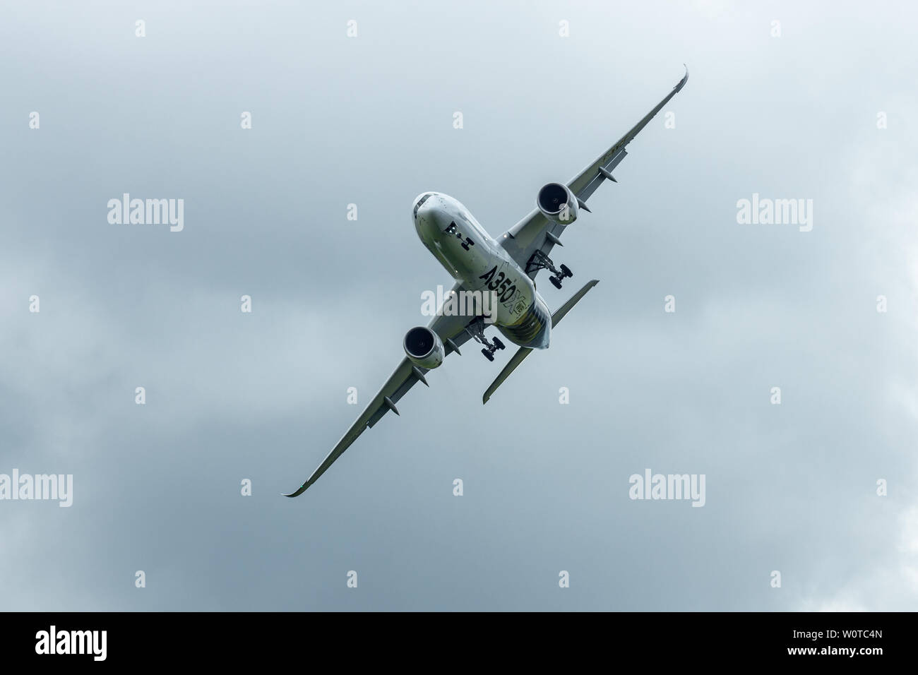 BERLIN, GERMANY - APRIL 26, 2018: Demonstration flight of the wide-body jet airliner Airbus A350 ...