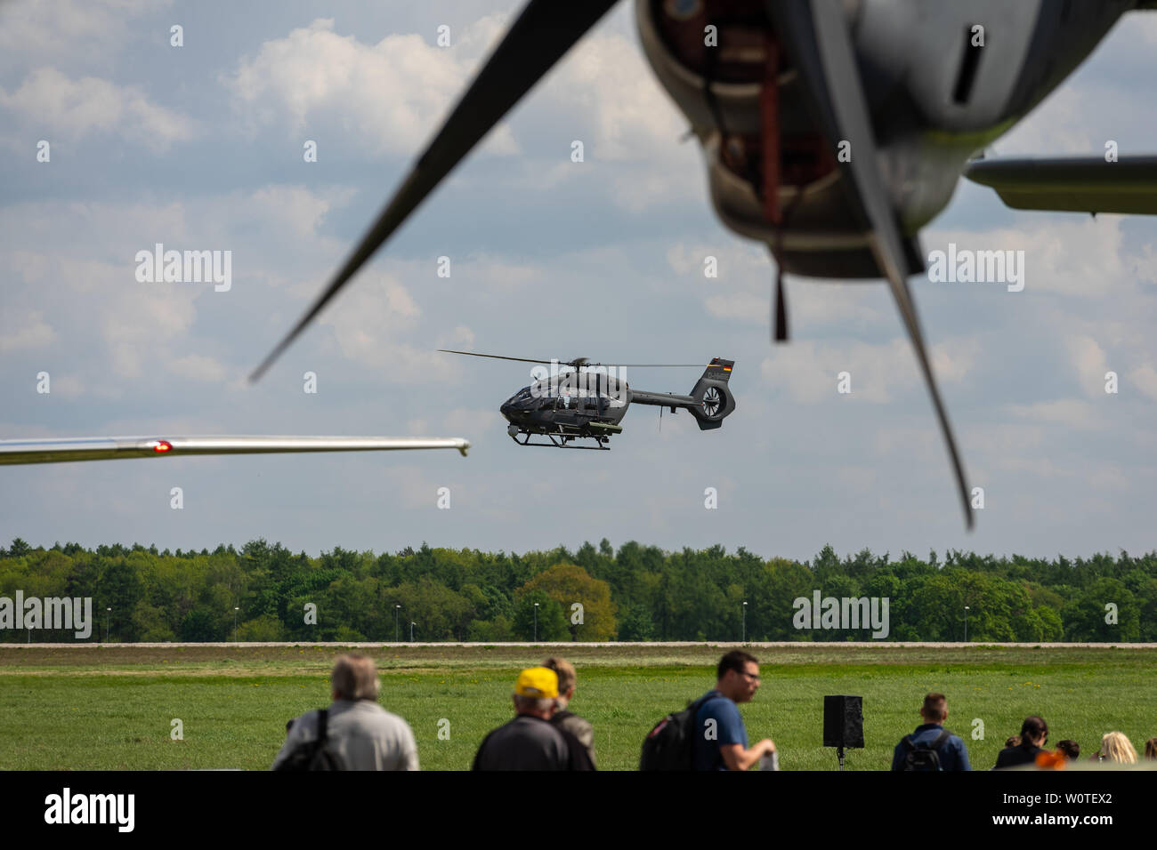 BERLIN, GERMANY - APRIL 27, 2018: Take off of the utility helicopter Airbus Helicopters H145M ...