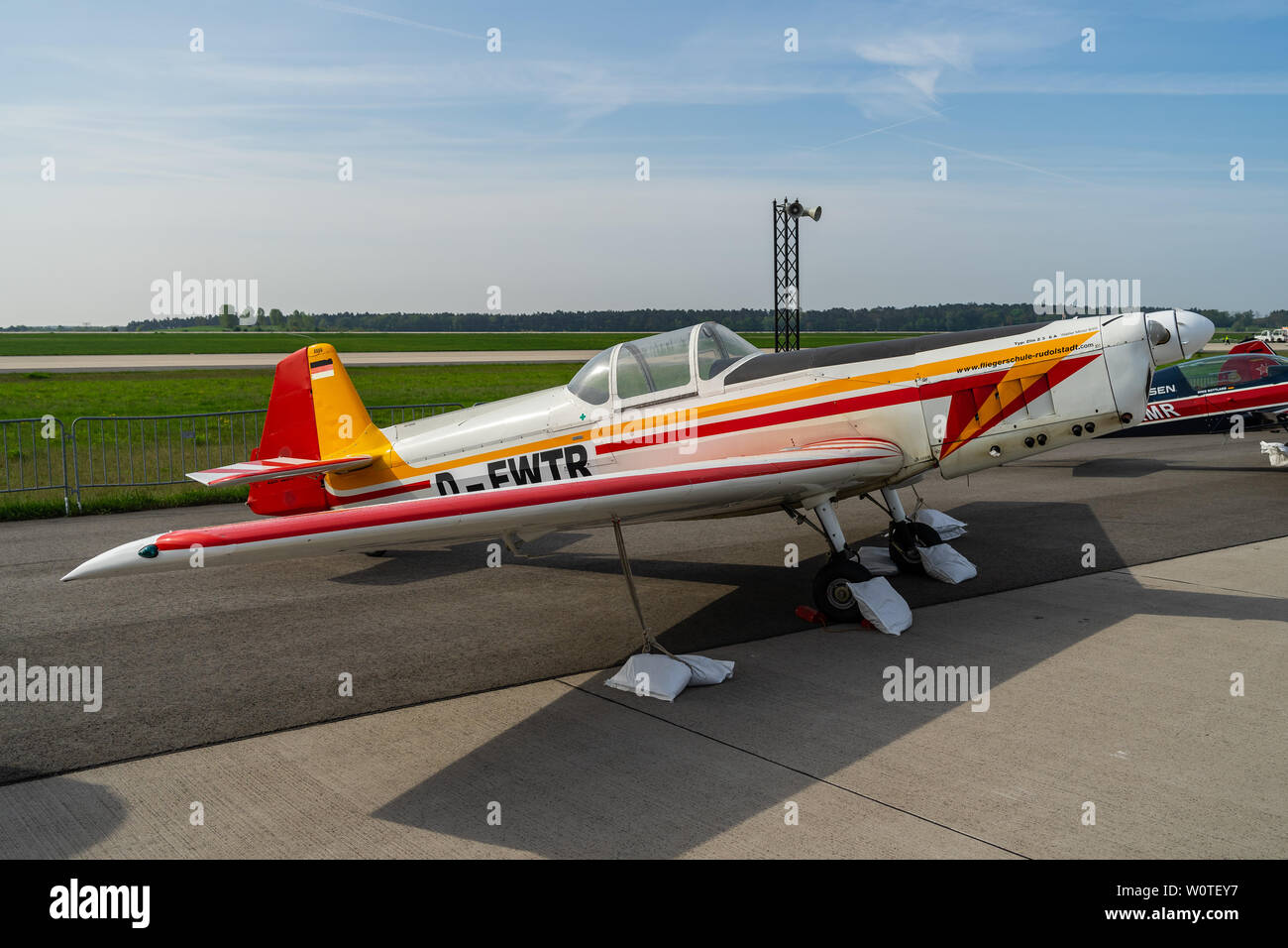 BERLIN - APRIL 27, 2018: Czech trainer/aerobatic aircraft Zlin Z-326 ...