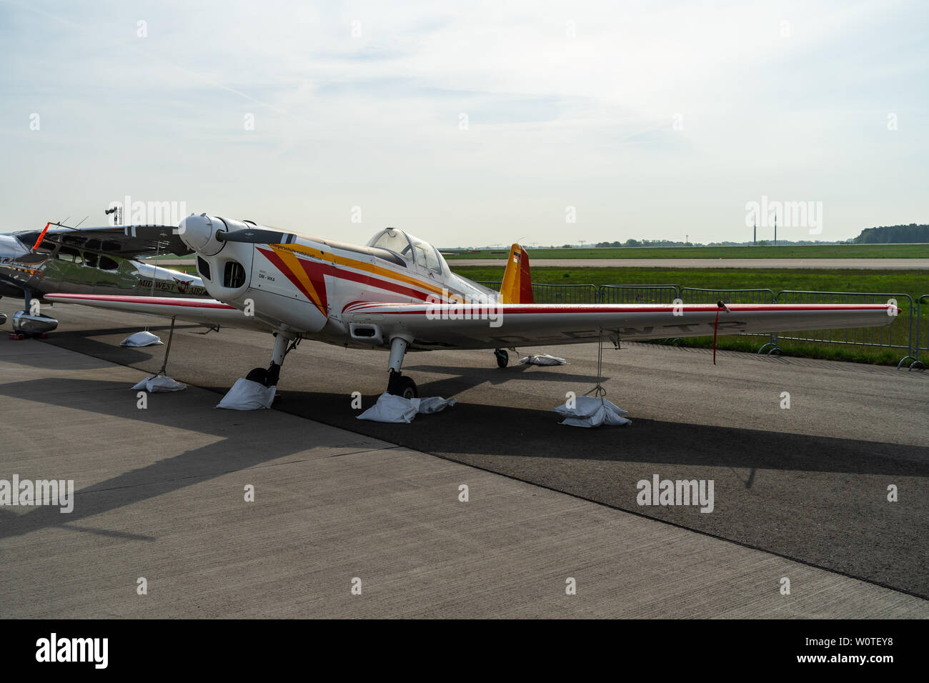 BERLIN - APRIL 27, 2018: Czech trainer/aerobatic aircraft Zlin Z-326 ...