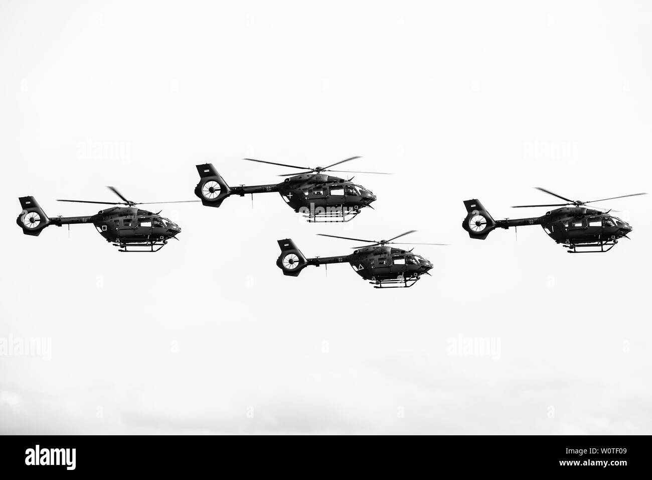 BERLIN, GERMANY - APRIL 27, 2018: Military utility helicopters Airbus Helicopters H145M of the ...