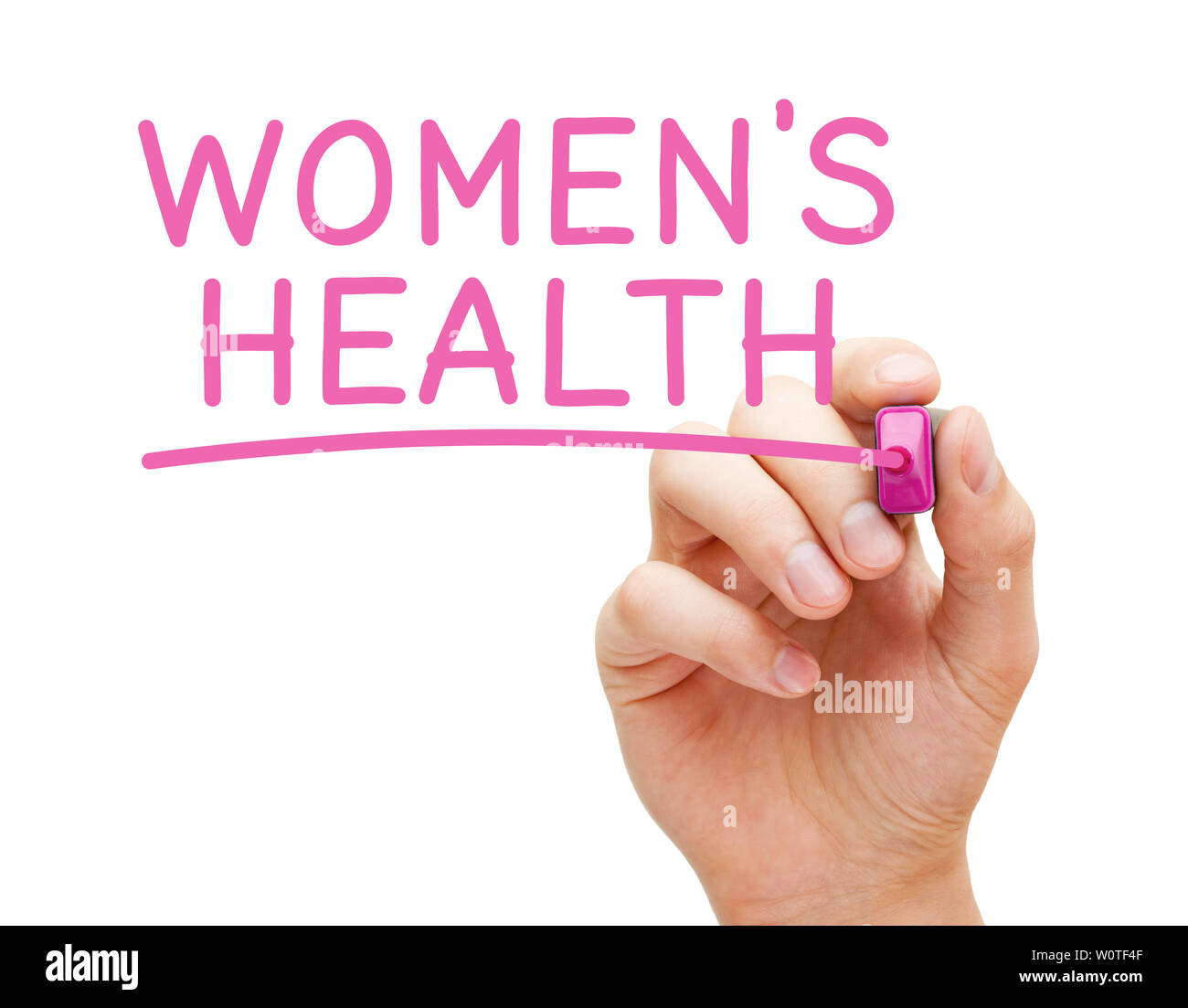 Hand writing Women's Health with pink marker on transparent wipe board ...