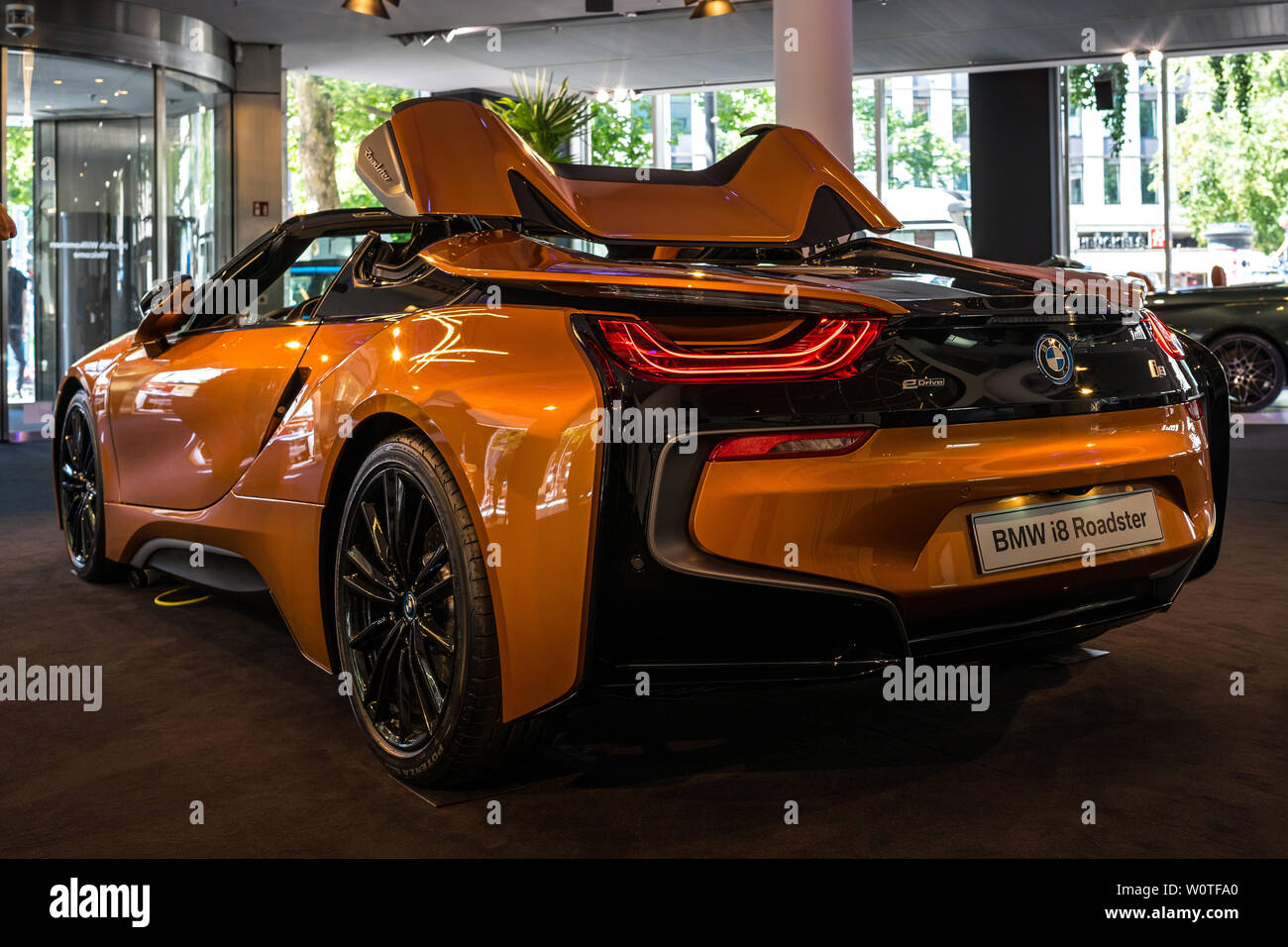 BERLIN - JUNE 09, 2018: Showroom. A plug-in hybrid sports car BMW i8 ...