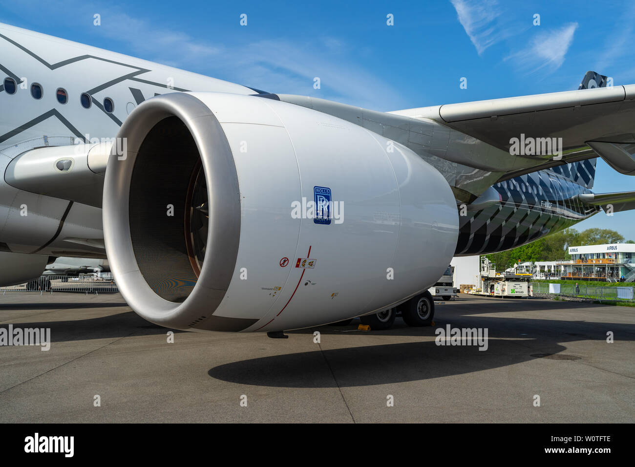 BERLIN - APRIL 27, 2018: Turbofan engine of the Airbus A350-900 XWB ...