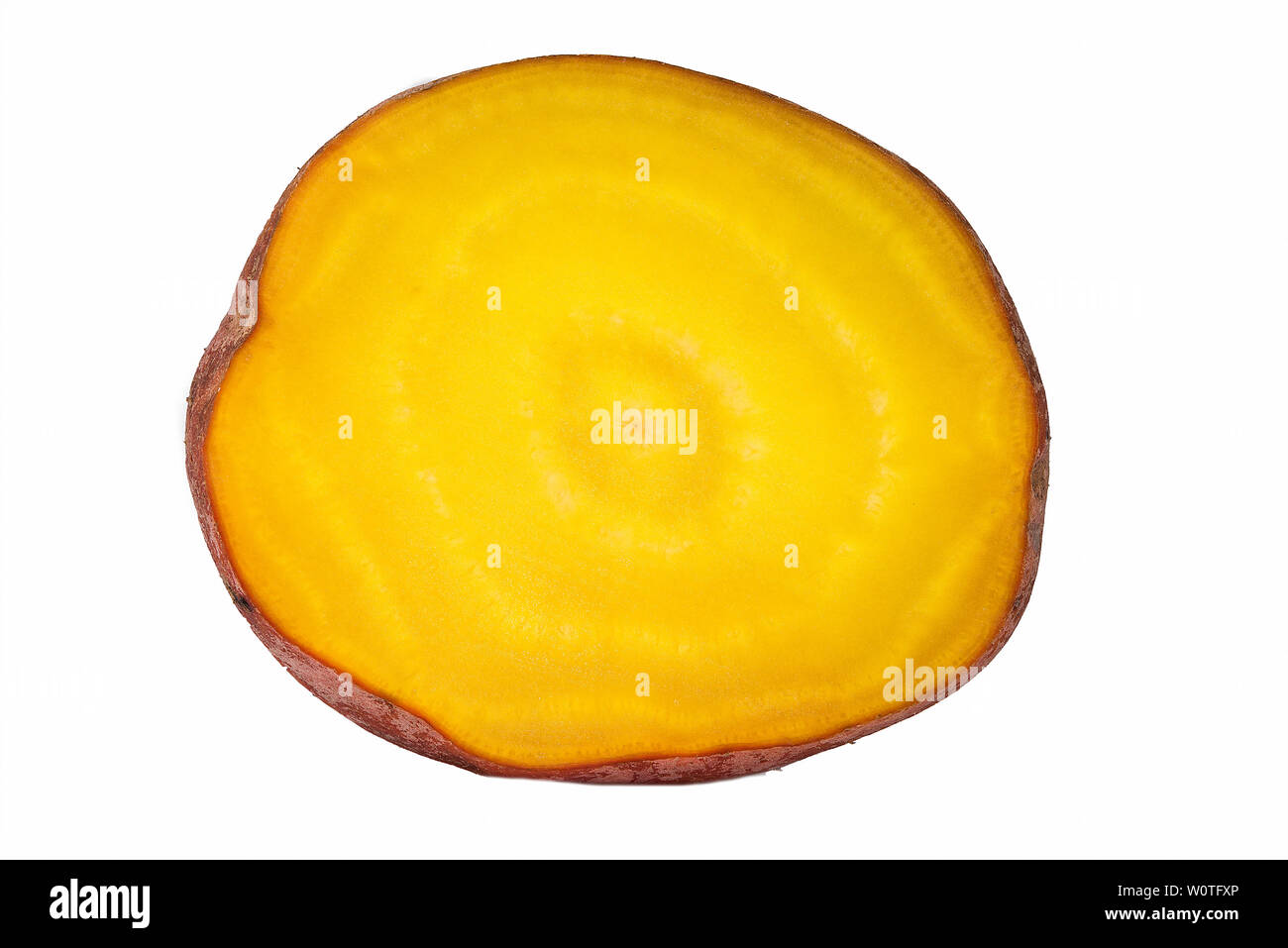 Golden beetroot cut in half, photographed end on, white background ...