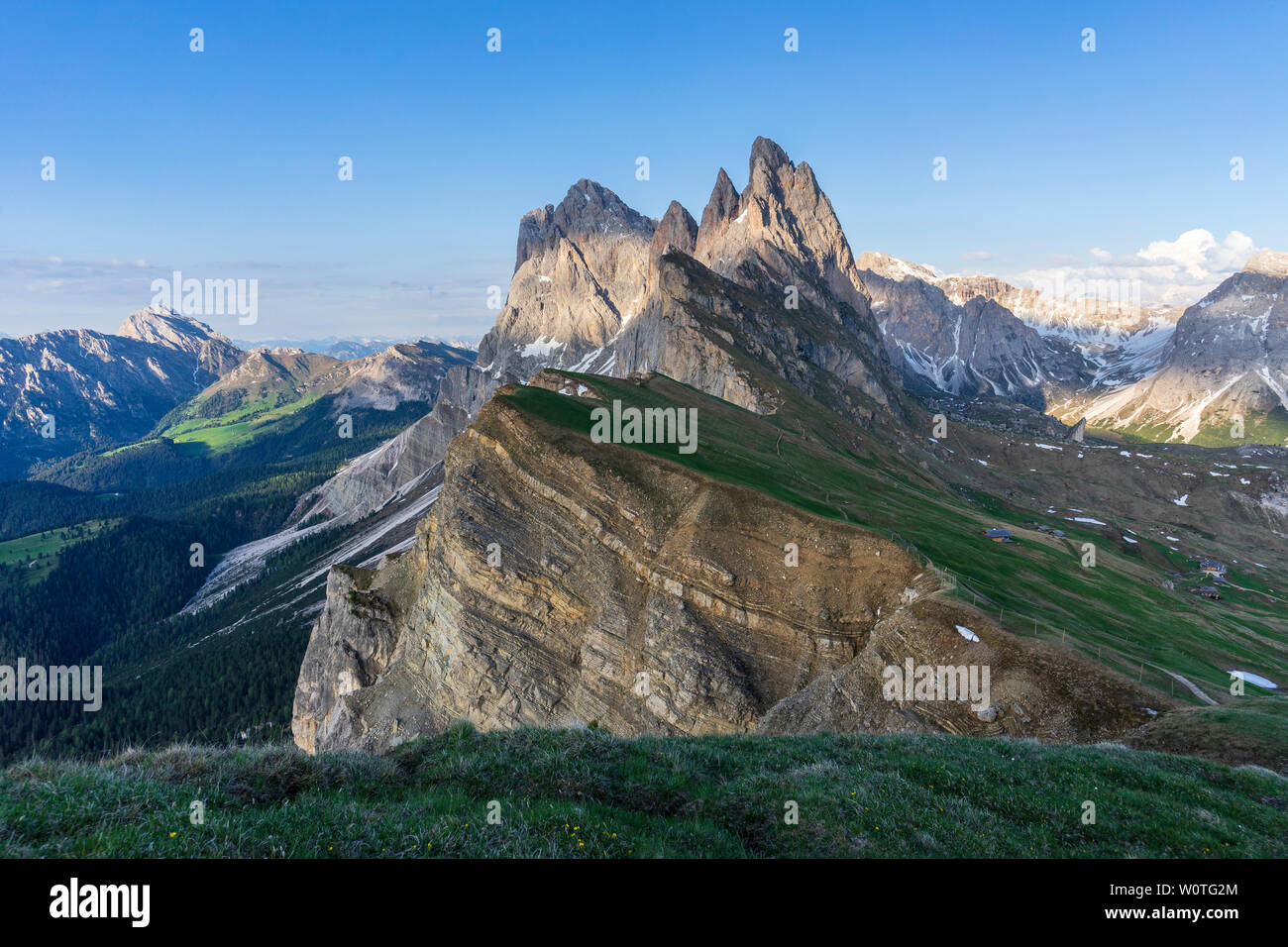 Seceda summit at sunset. View of Odle Mountain range in Dolomites ...