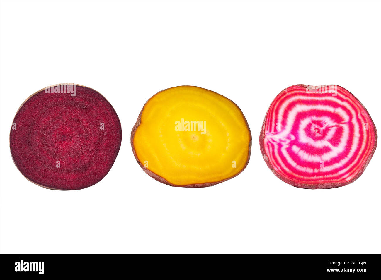 Composite image three types of beetroot cut in half on a white ...