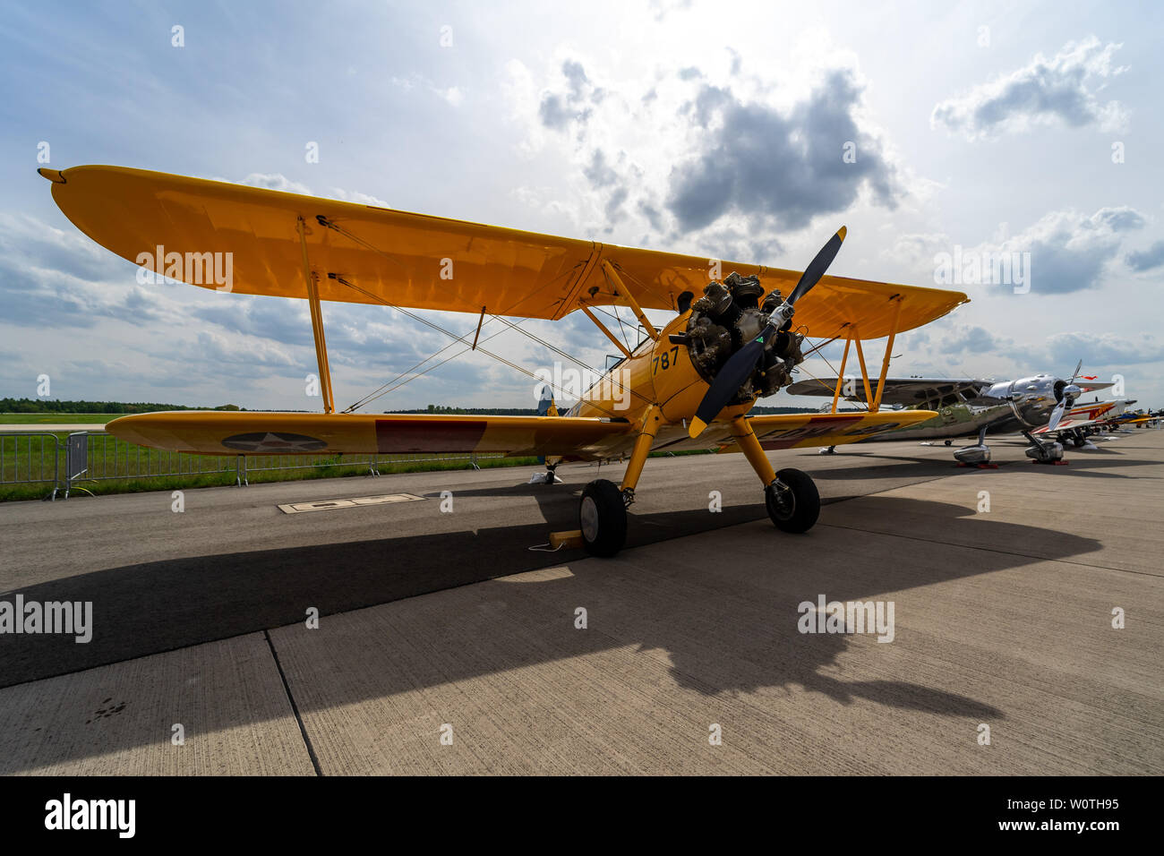 BERLIN - APRIL 27, 2018: The biplane trainer Boeing-Stearman Model 75 ...