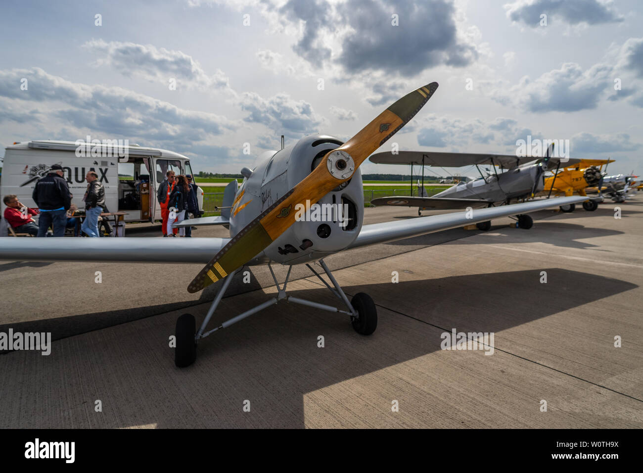 BERLIN - APRIL 27, 2018: Two-seat sport/training monoplane Bucker Bu ...