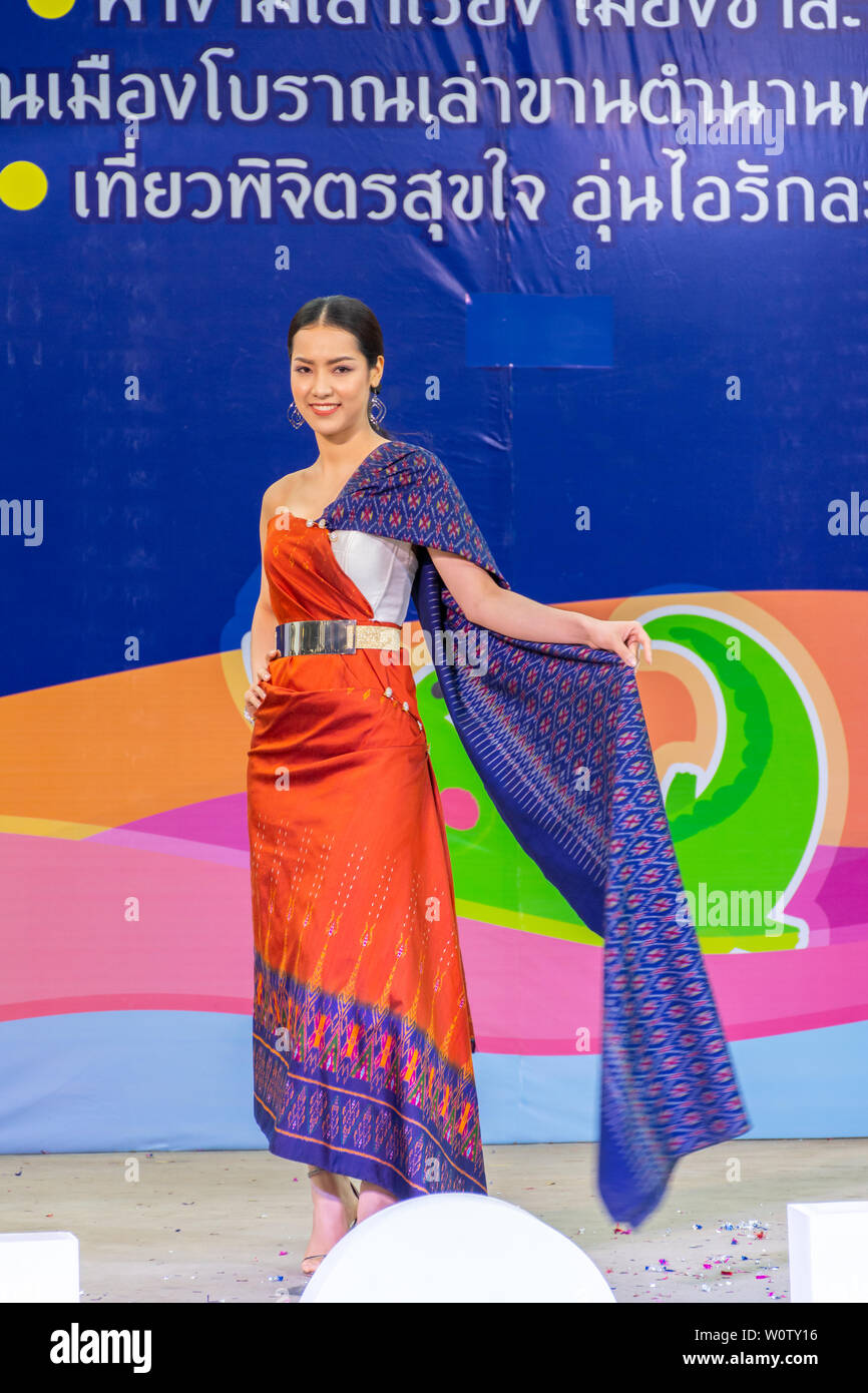 Phichit, Thailand - December 29, 2018: Beautiful model in collection of Thai traditional costume ...