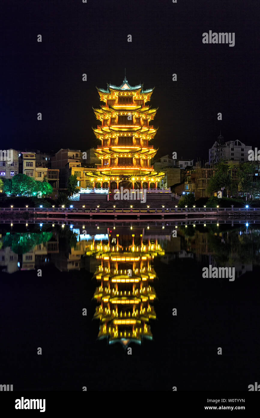 Mengshan, Mei River, night view, West Battery, wind and rain bridge ...