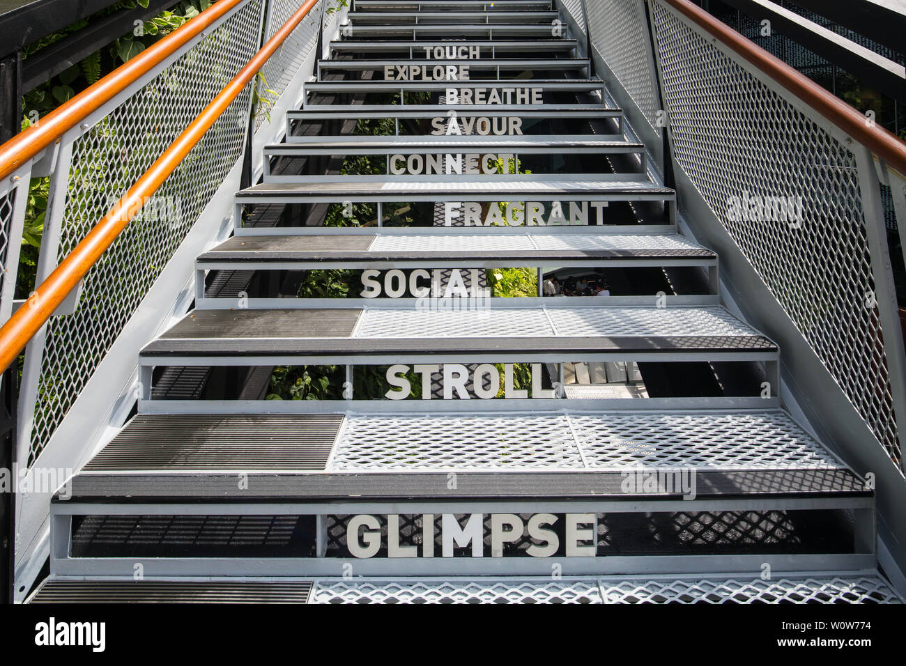 Staircase carved with different word at Funan Mall rooftop, Singapore ...