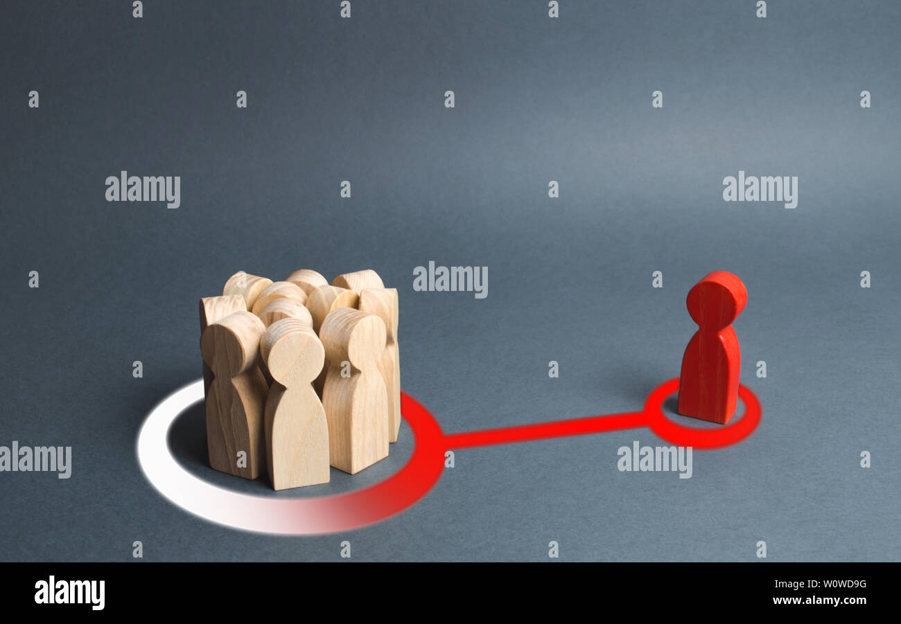 The red figure of a person influences a crowd of people. Expressing ...