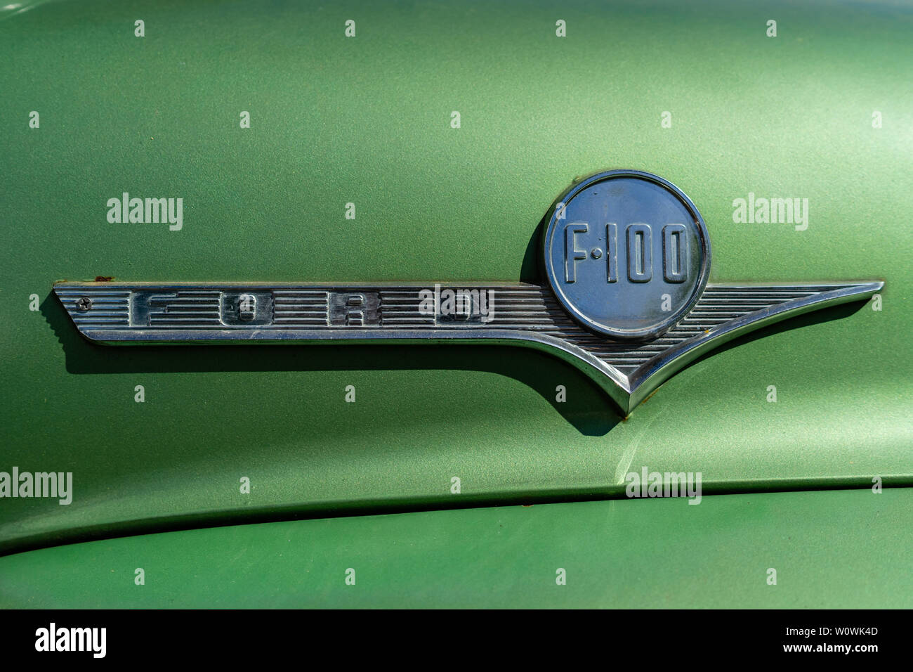 BERLIN - MAY 05, 2018: The emblem of full-size pickup truck Ford F-100 ...