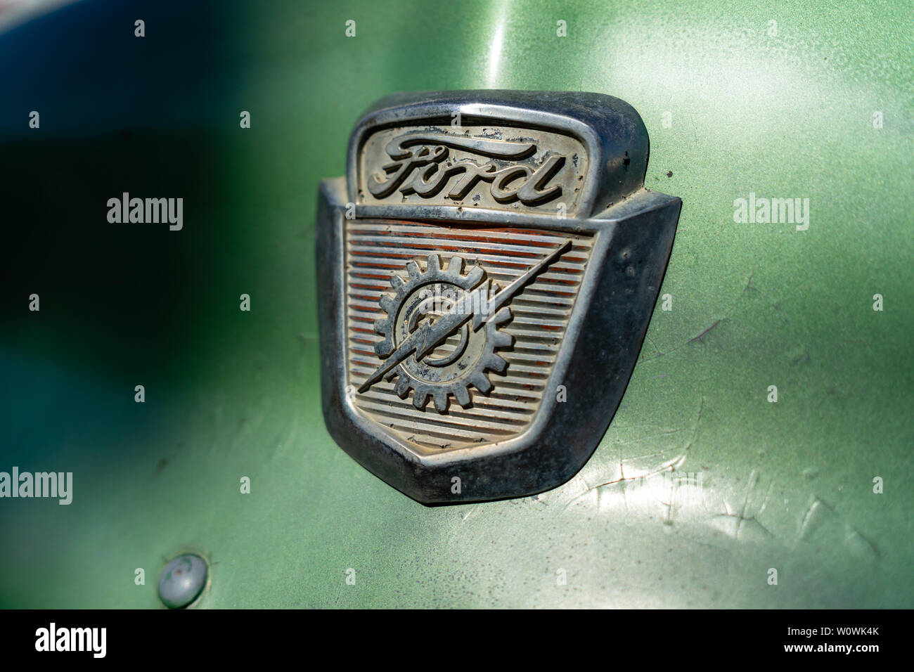 BERLIN - MAY 05, 2018: The emblem of full-size pickup truck Ford F-100 ...