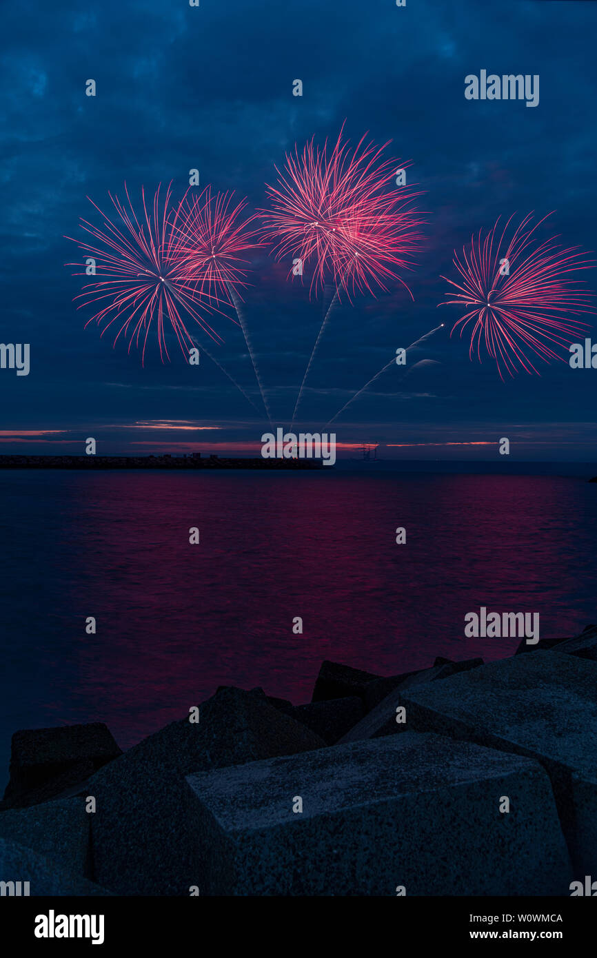 Fireworks launch at the pier of the Scheveningen harbor celebrating the ...