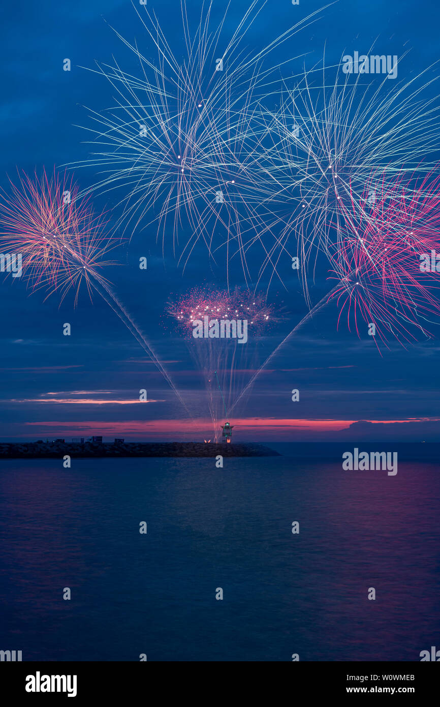 Fireworks launch at the pier of the Scheveningen harbor celebrating the ...