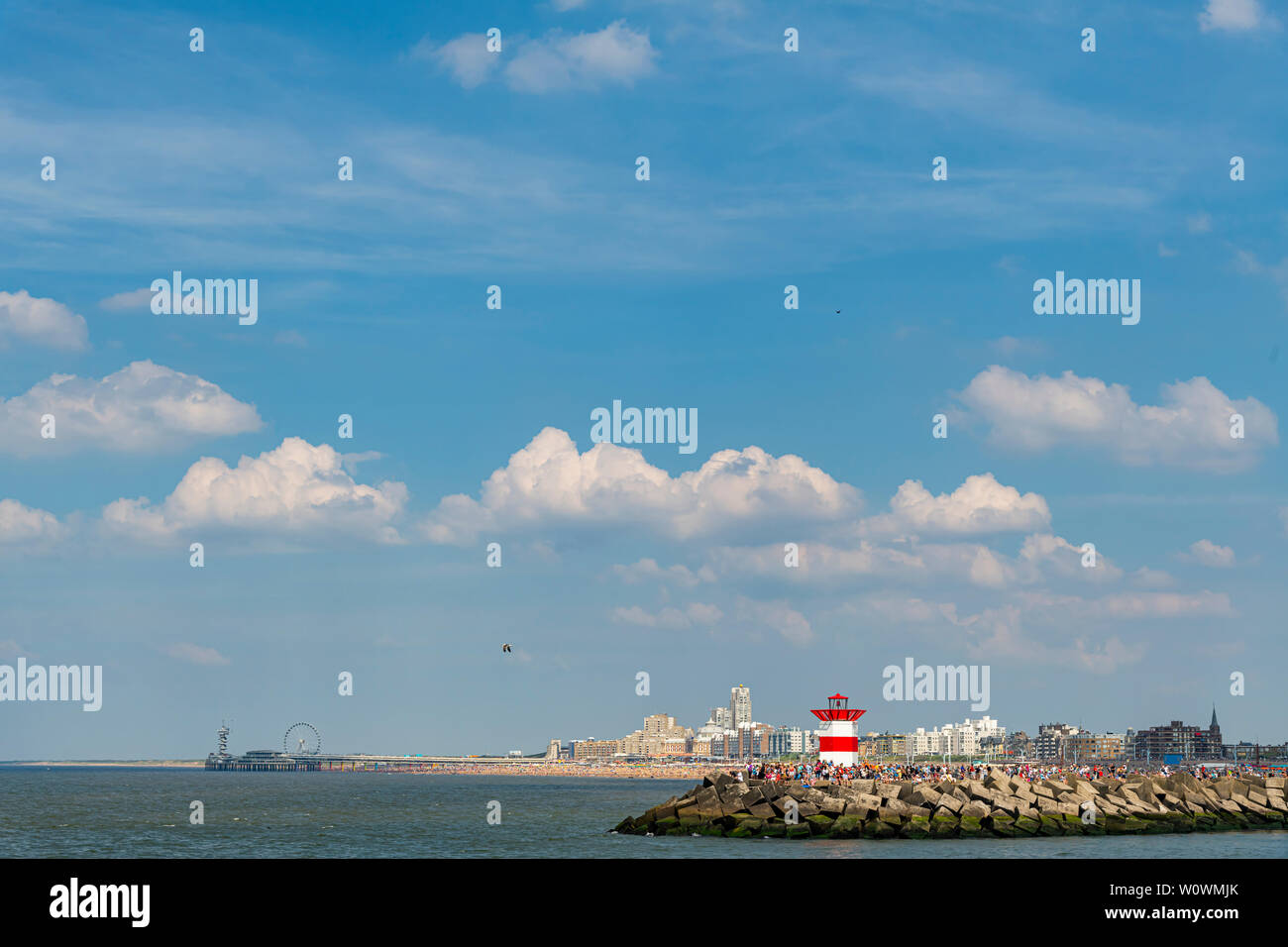 Panoramic view of the Scheveningen lighthouse, the entrance of the dock ...