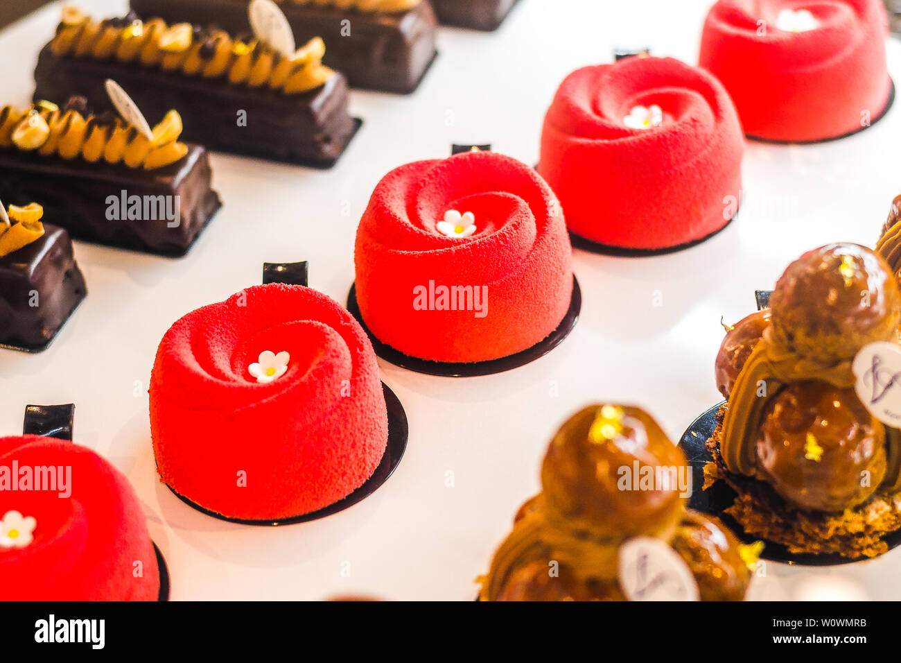 assorted beautiful French pastries and desserts on display for sale ...