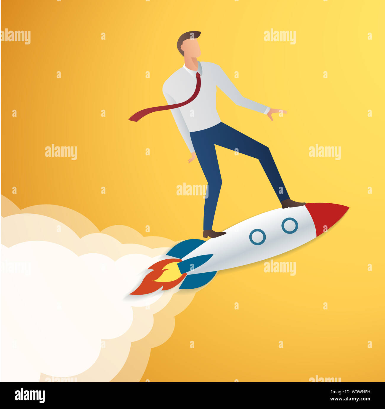 success in business start up businessman on rocket Stock Photo - Alamy