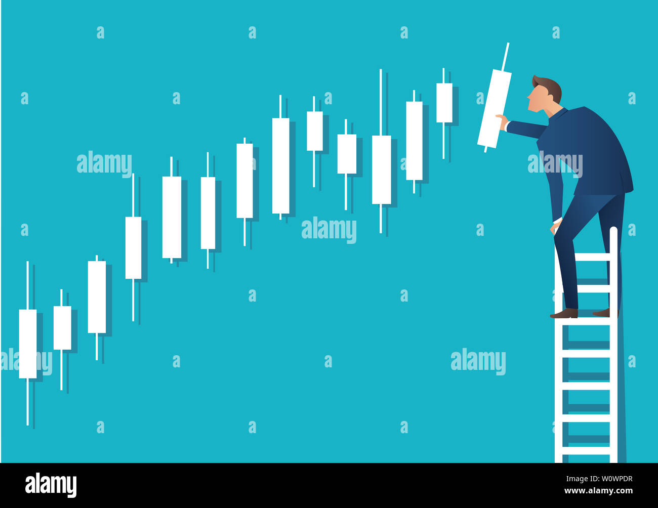 Business concept vector illustration of a man on ladder with ...