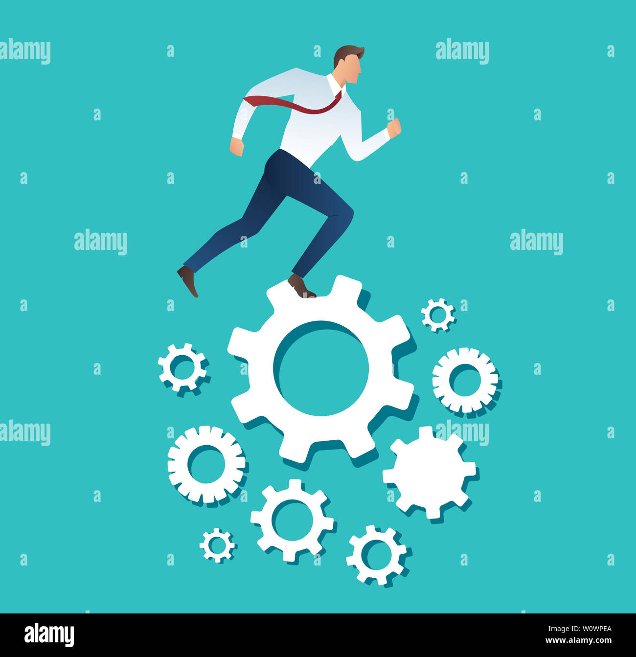 businessman running over machine gear wheel cog wheel showing work life ...