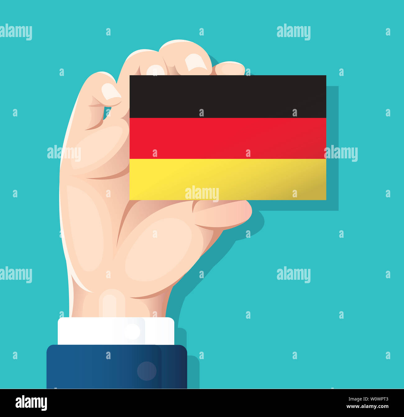 hand holding Germany flag card with blue background Stock Photo - Alamy
