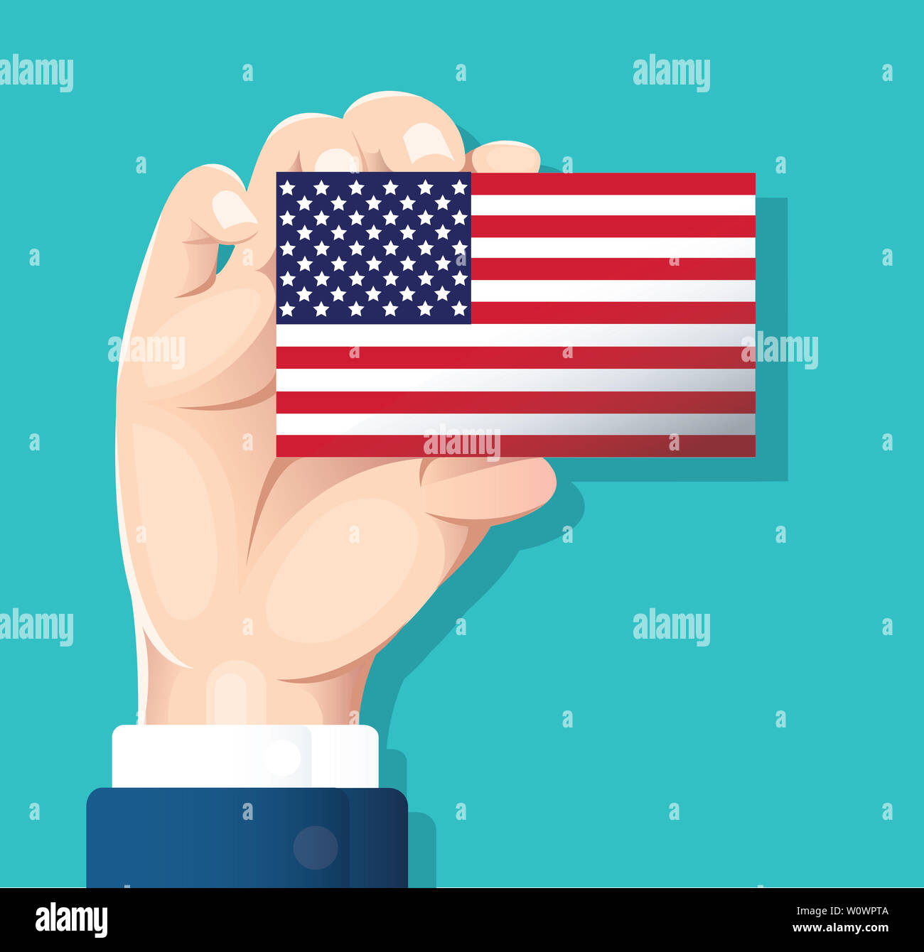 hand holding the usa flag card with blue background Stock Photo - Alamy
